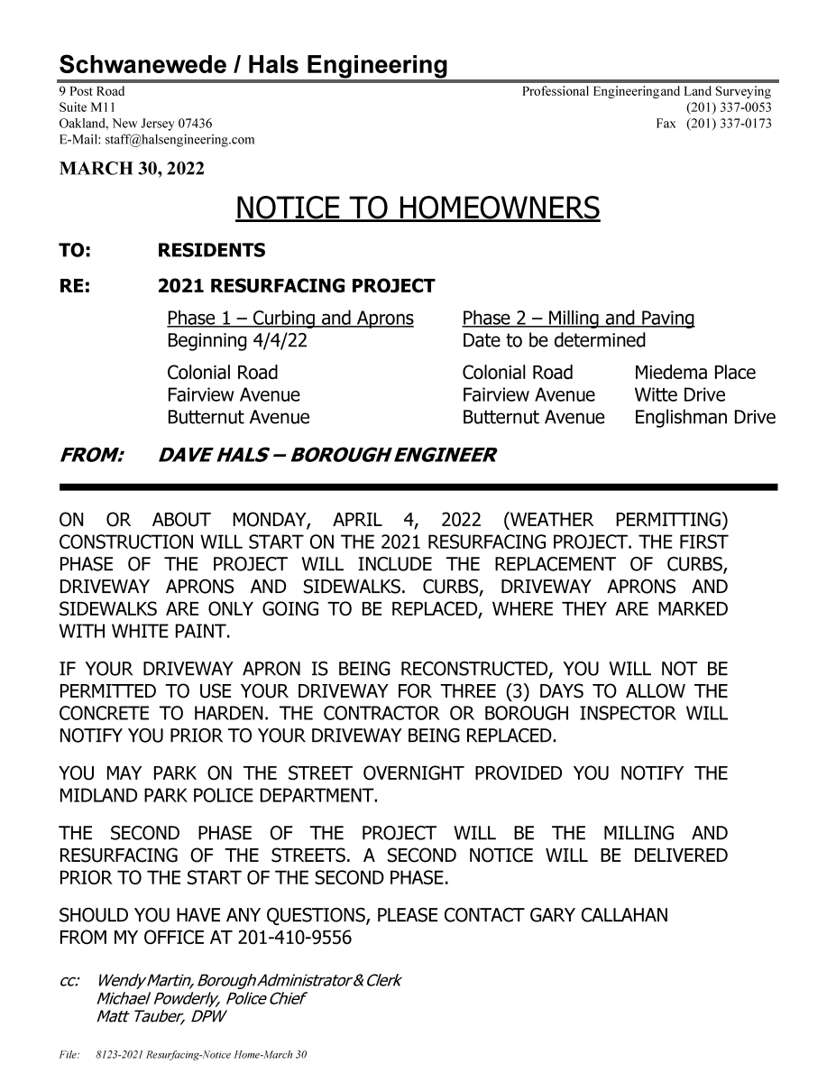 Complete - 2021 Resurfacing Project | Midland Park NJ