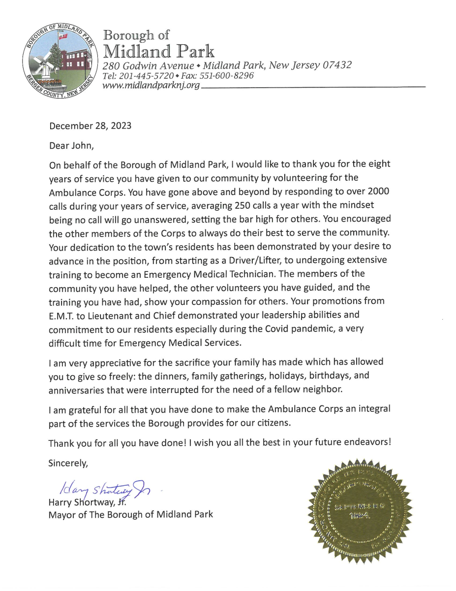Proclamation Thanking John Lazzari for His Service 2023 | Midland Park NJ